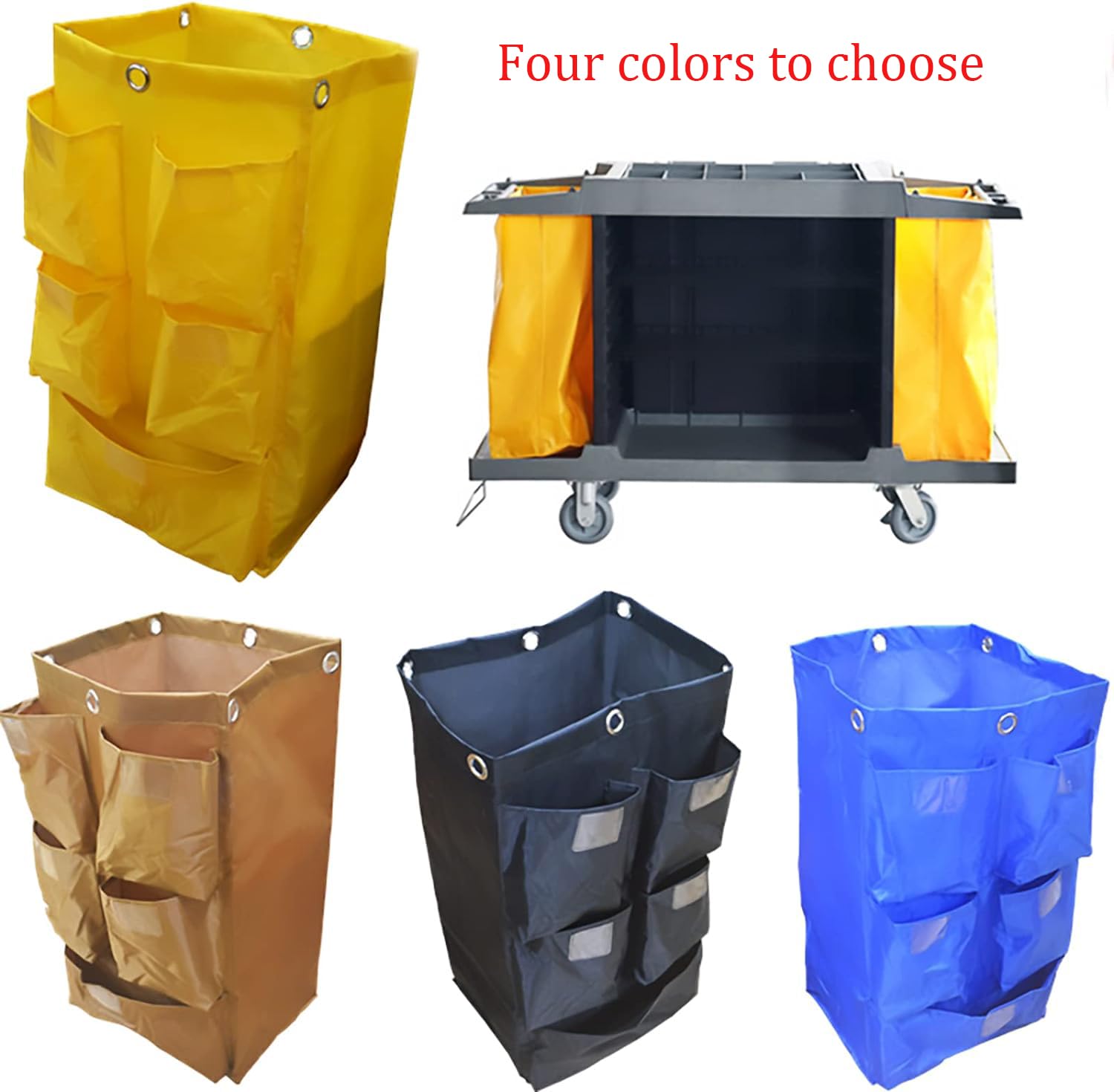 Replacement Janitorial Cart Bag with 5 Pockets,25 Gallon Housekeeping cart Bag High Capacity Waterproof Thickened Commercial Janitorial Cleaning Cart Bag with 6 Brass Grommets (Black with 5 Pockets)