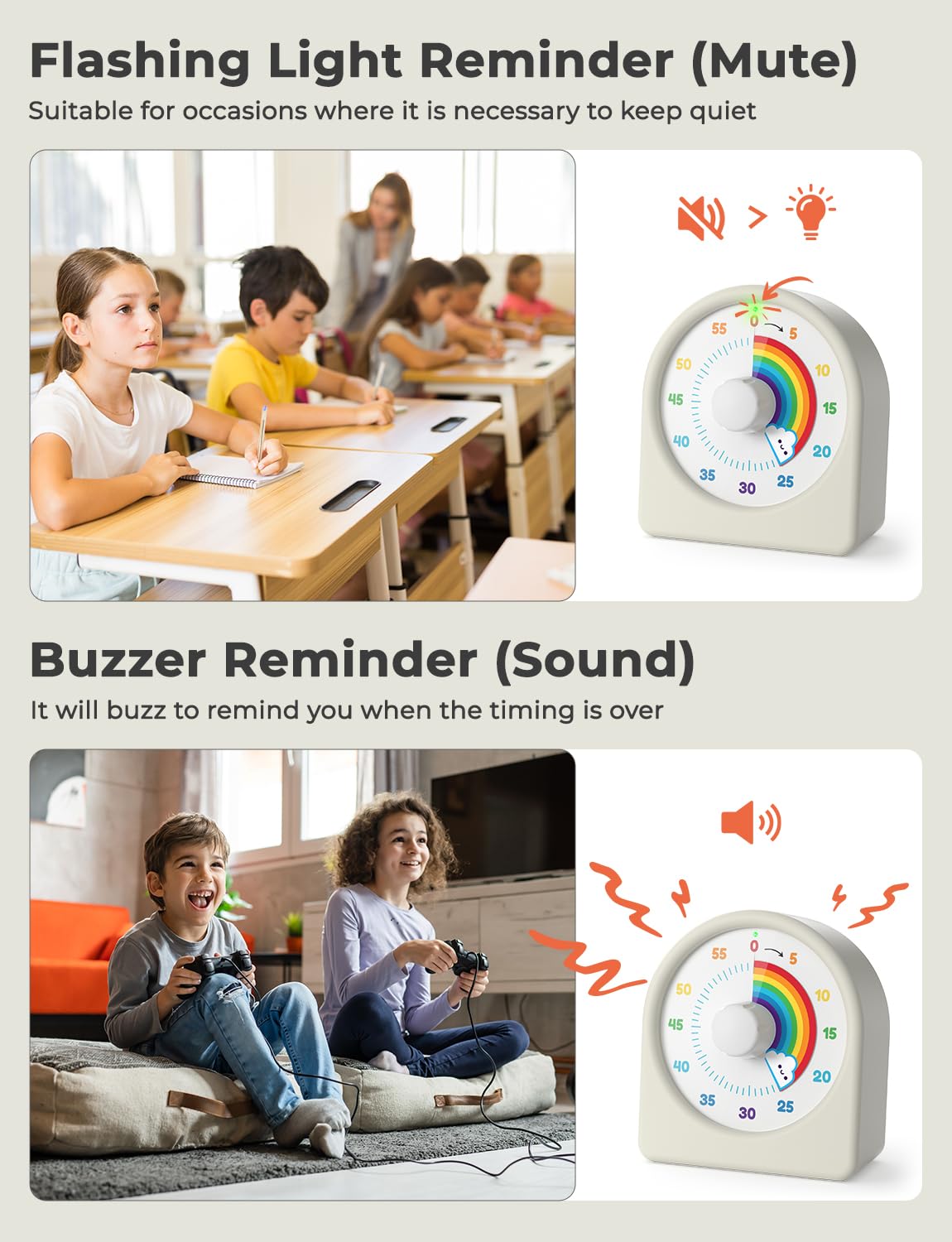 LIORQUE 60 Minute Visual Timer for Kids, Rechargeable Visual Countdown Timer Clock Kids Timer for Classroom, Desk Pomodoro Timer with 'Rainbow' Pattern Design and Magnetic Back