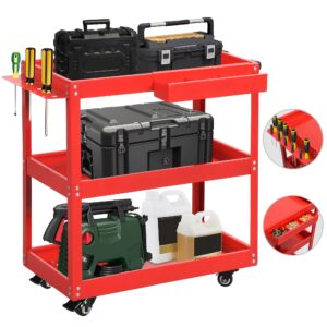 yitahome 3-tier tool cart on wheels, rolling metal service cart with screwdriver hanging board & storage box, heavy duty steel utility cart 400lbs load capacity for mechanic work garage warehouse red