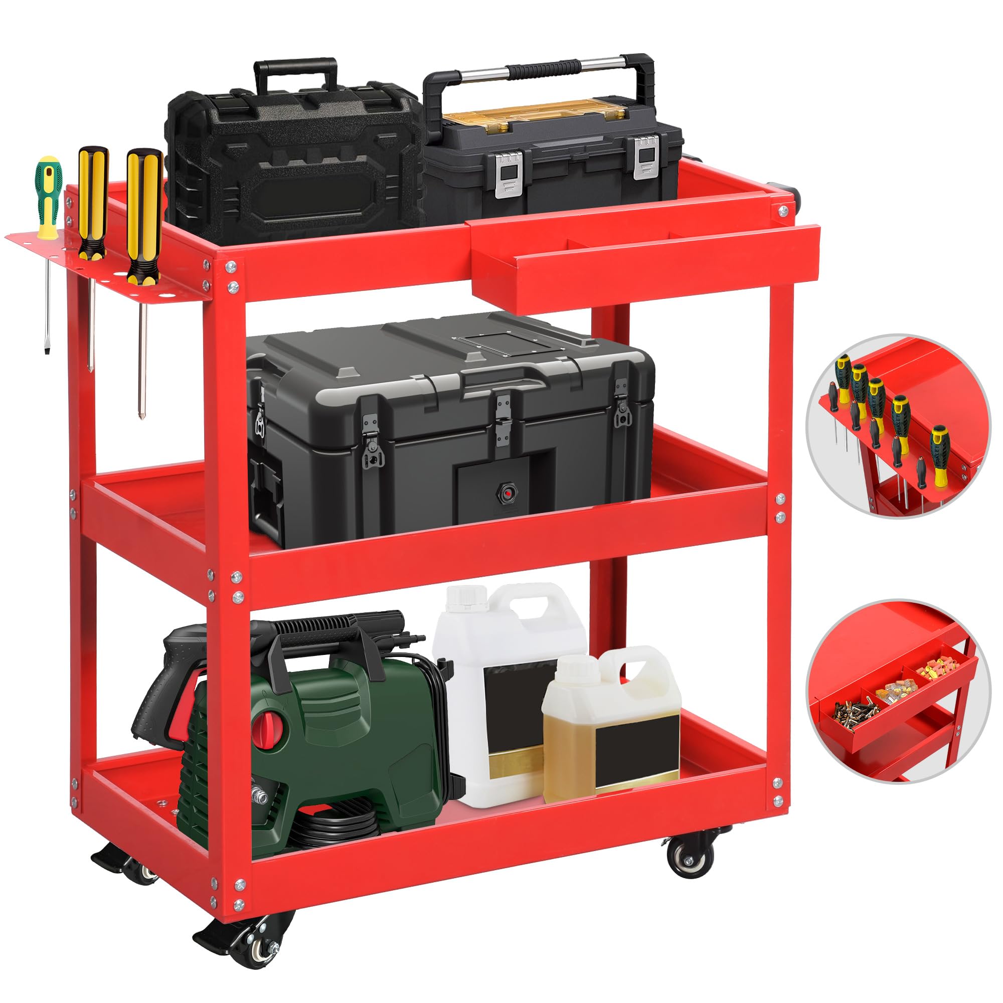 YITAHOME 3-Tier Tool Cart on Wheels, Rolling Metal Service Cart with Screwdriver Hanging Board & Storage Box, Heavy Duty Steel Utility Cart 400lbs Load Capacity for Mechanic Work Garage Warehouse Red