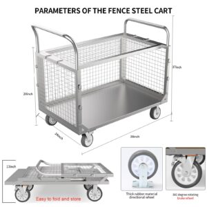 Hrwug Platform Truck Cart with Cage, 4in1 Foldable Hand Truck Flat Cart, Push Cart Dolly Heavy Duty, Load 1600LB, with 6" Swivel Brake Casters, for Grocery, Laundry, Storage (39" x 24")