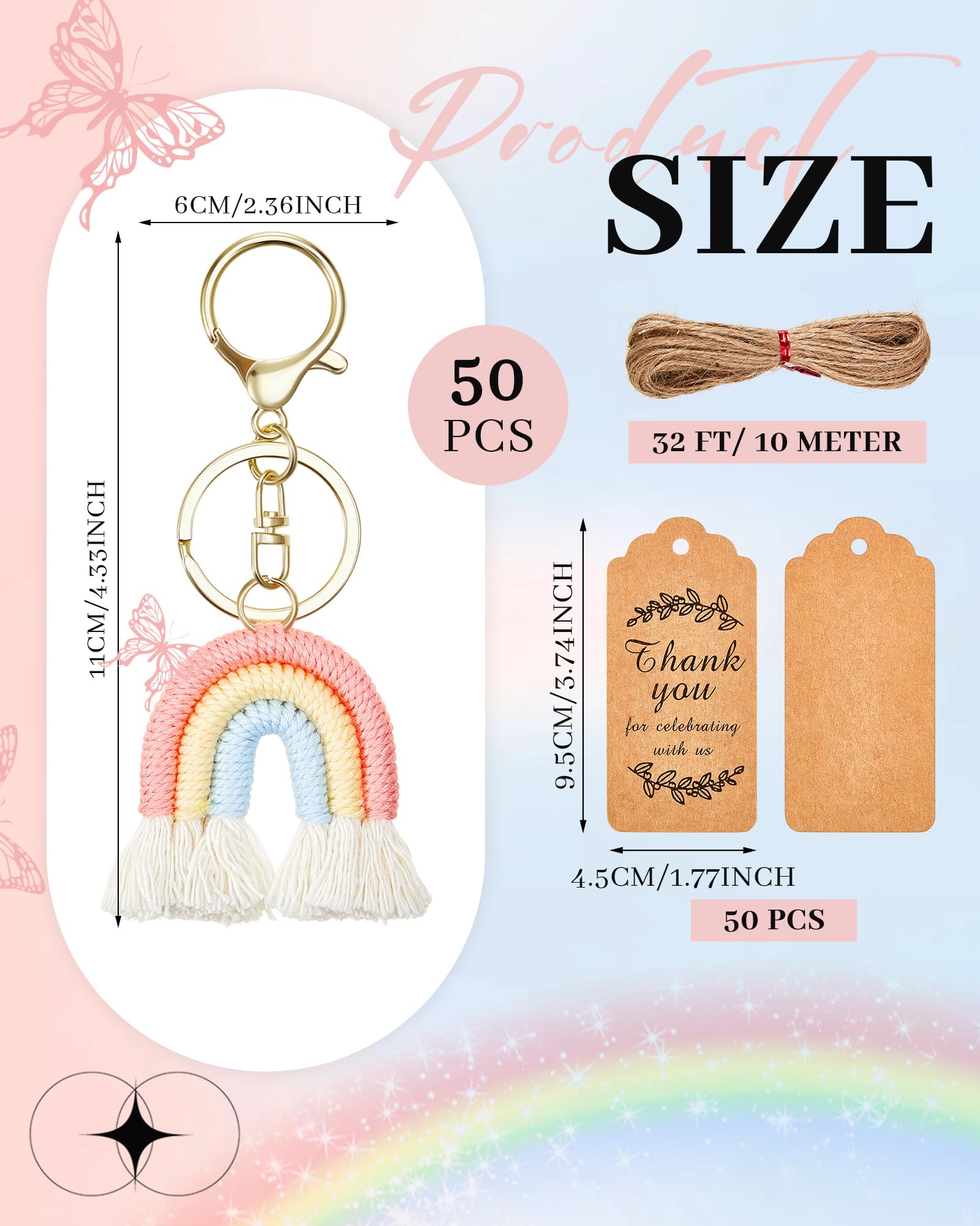 Huquary 72 Pcs Boho Keychain Set 36 Pcs Macrame Rainbow Keychains Weaving Rainbow Tassel Keychains 36 Thank You Tag for Birthday Wedding Party Favors Baby Bridal Shower Bohemian Party Supplies