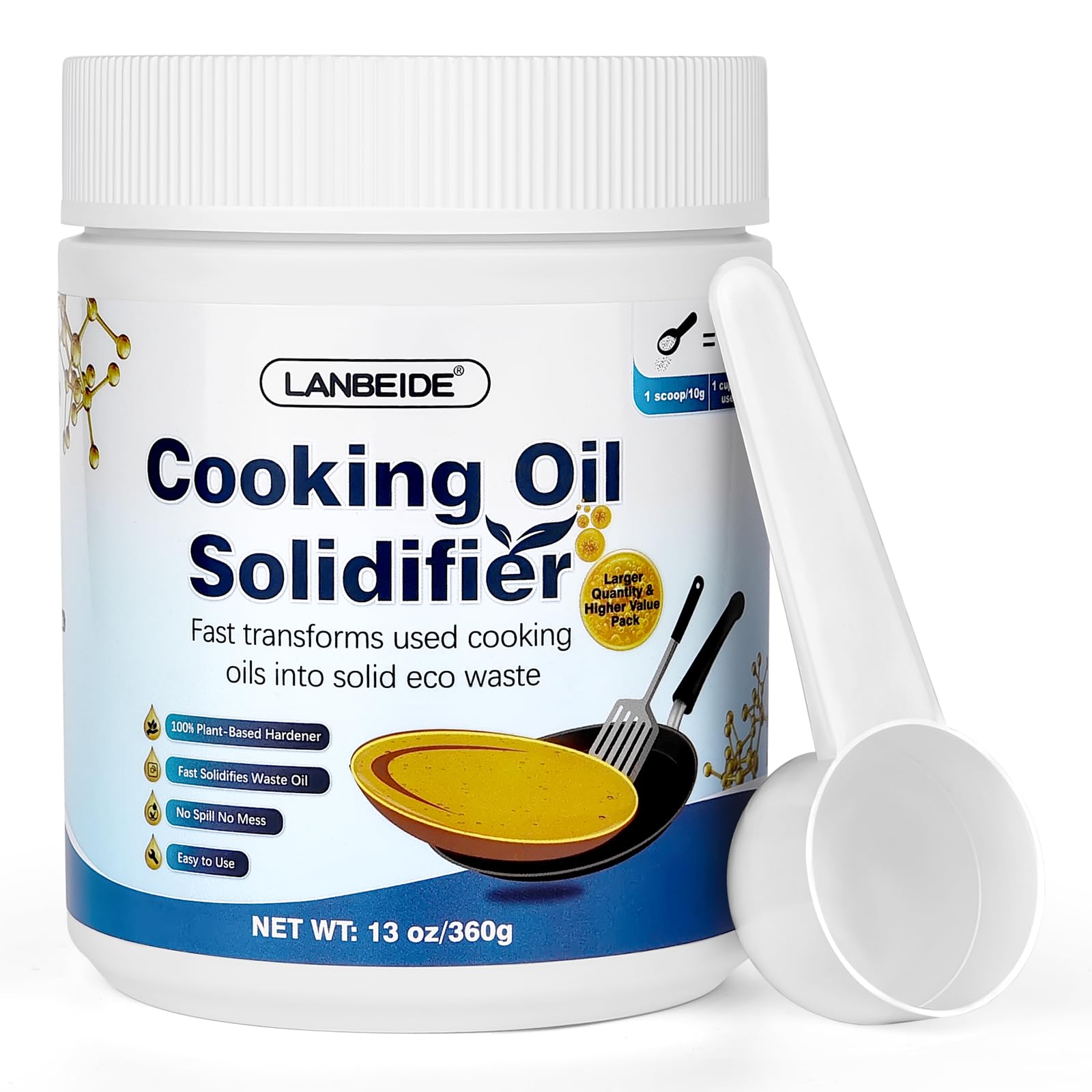 LANBEIDE Cooking Oil Solidifier Powder, Solidifies Up to 36 Cups - 100% Plant-Based Cooking Oil Hardener for Disposal Fry Oil Away from Mess 13 Oz