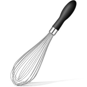 rainspire 12-inch wire whisk stainless steel, balloon whisks for cooking, wisk wisking tool with soft silicone handle, thick durable whisker for blending, beating, whisking, stirring, black