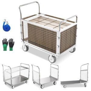 hrwug platform truck cart with cage, 4in1 foldable hand truck flat cart, push cart dolly heavy duty, load 1600lb, with 6" swivel brake casters, for grocery, laundry, storage (39" x 24")