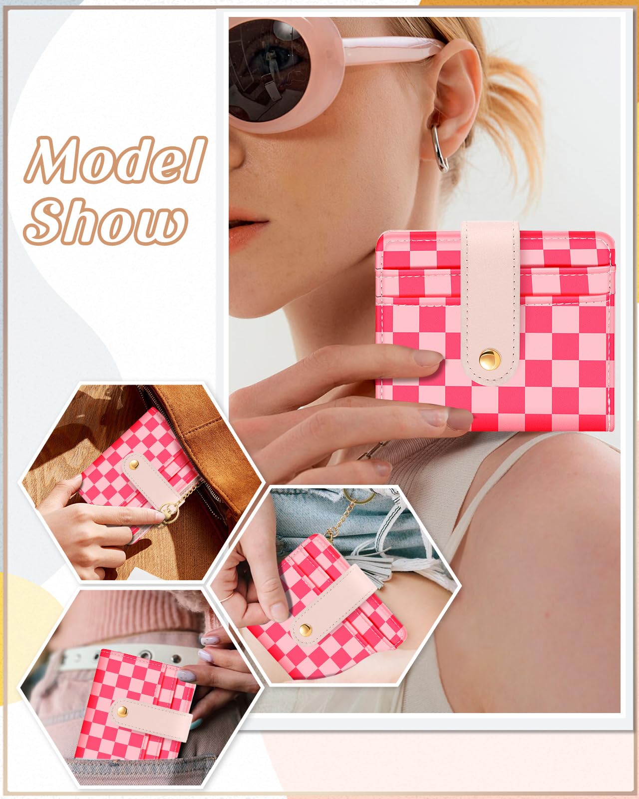 Bistup Wallet for Women Cute Bifold Small Card Wallet Rfid with Keychain for Ladies Teen Girls Female Medium Girly Aesthetic Thin Slim Checkered Plaid Unique Pretty Leather Credit Card Holder Purse