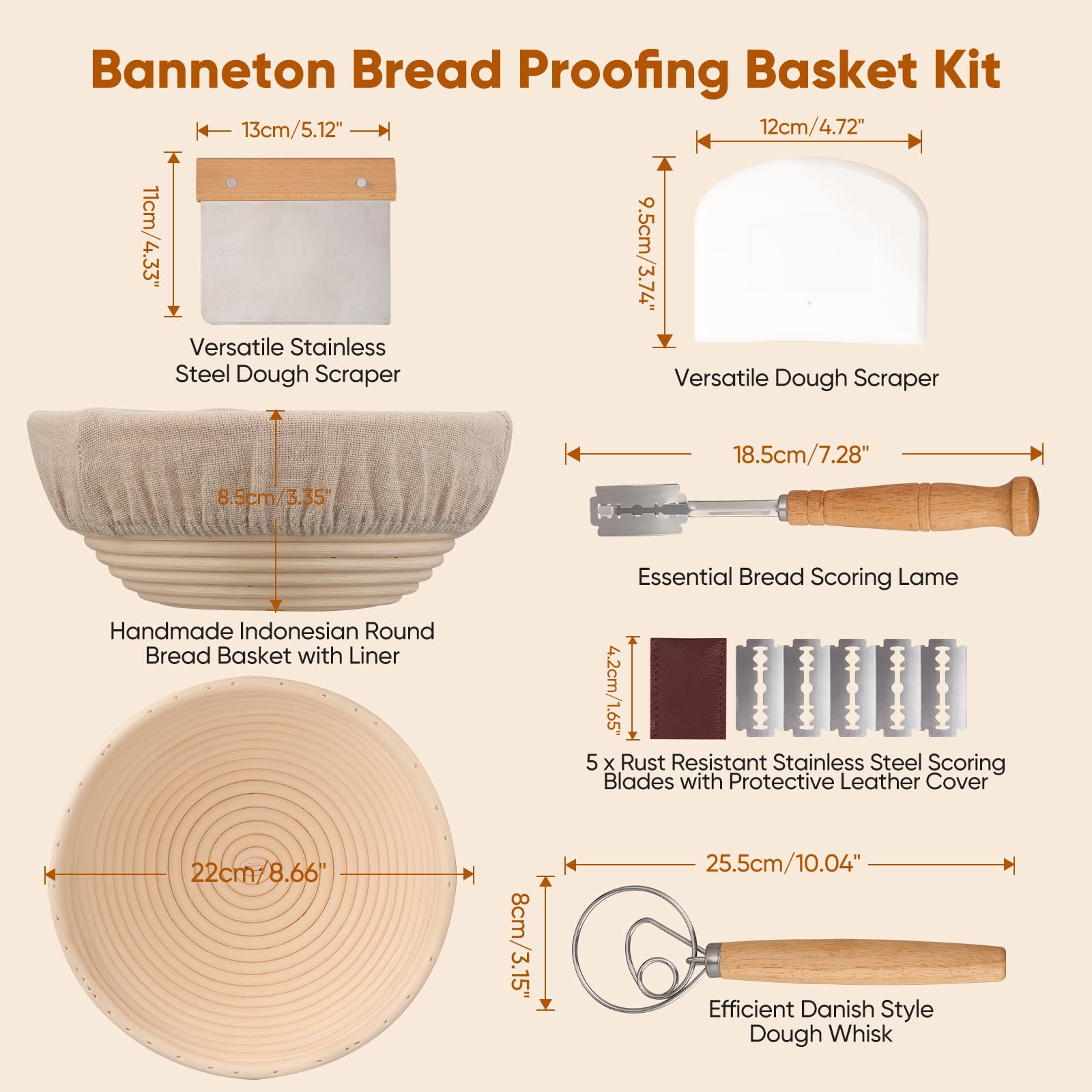 Jeensley Boxed Sourdough Bread Proofing Basket Banneton Bowl with Liner and Bread Baking Tools Round Handmade from Quality Indonesian Rattan Bread Baking Supplies