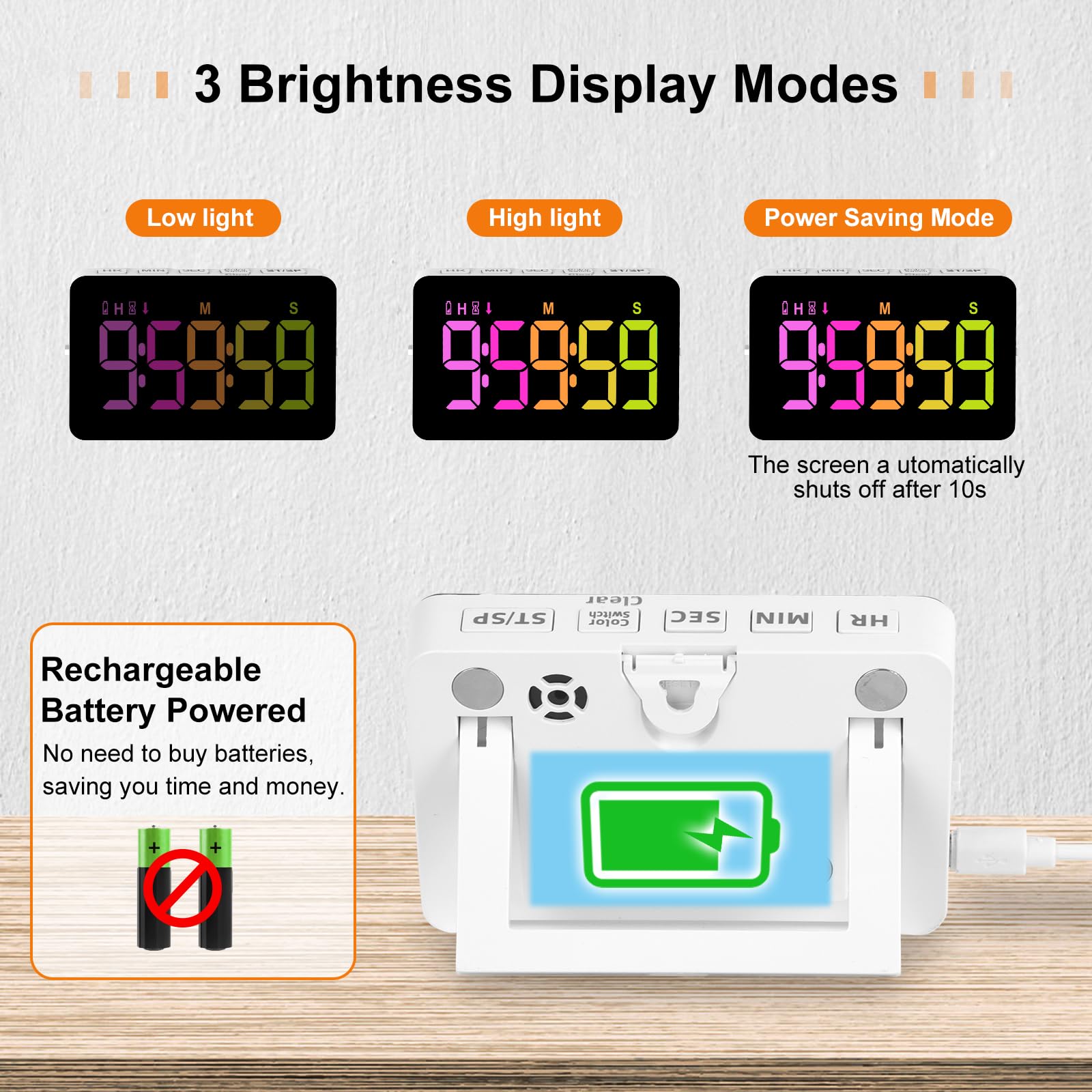 PERSUPER Kitchen Timer for Cooking, 10 RGB Color Changing Digital Magnetic Timer, Countdown/Up, Rechargeabilit, 3 Brightness Display, 3 Volume Levels and Vibration Mode, for Classroom, Study, Fitness