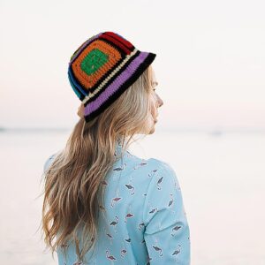 Women Knit Hat Crochet Bucket Hat Fish Hat Handmade Floppy Knitted Hats Floral Beanies Cap Beach Travel Outdoor (Colorful-Nation)