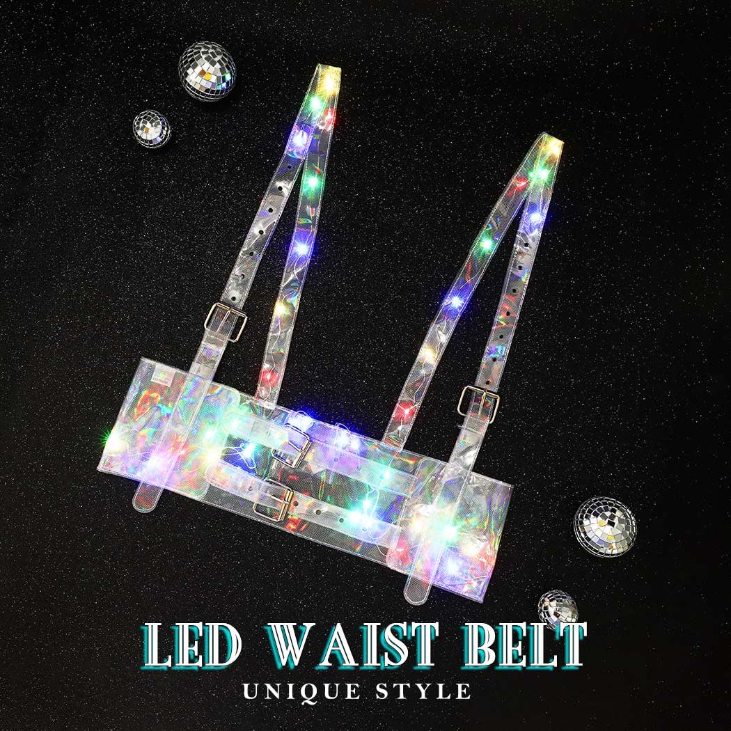 REETAN Women LED Harness Waist Belt Sparkly Light up Disco Wide Body Harness Rave Accessory Belts for Women