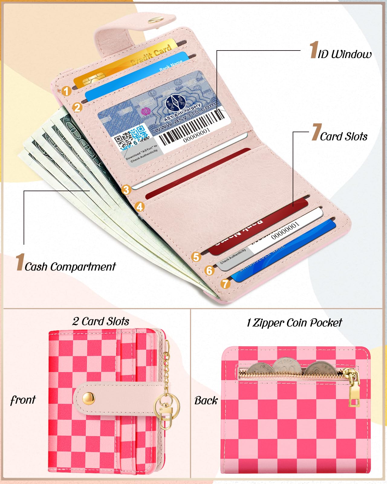 Bistup Wallet for Women Cute Bifold Small Card Wallet Rfid with Keychain for Ladies Teen Girls Female Medium Girly Aesthetic Thin Slim Checkered Plaid Unique Pretty Leather Credit Card Holder Purse