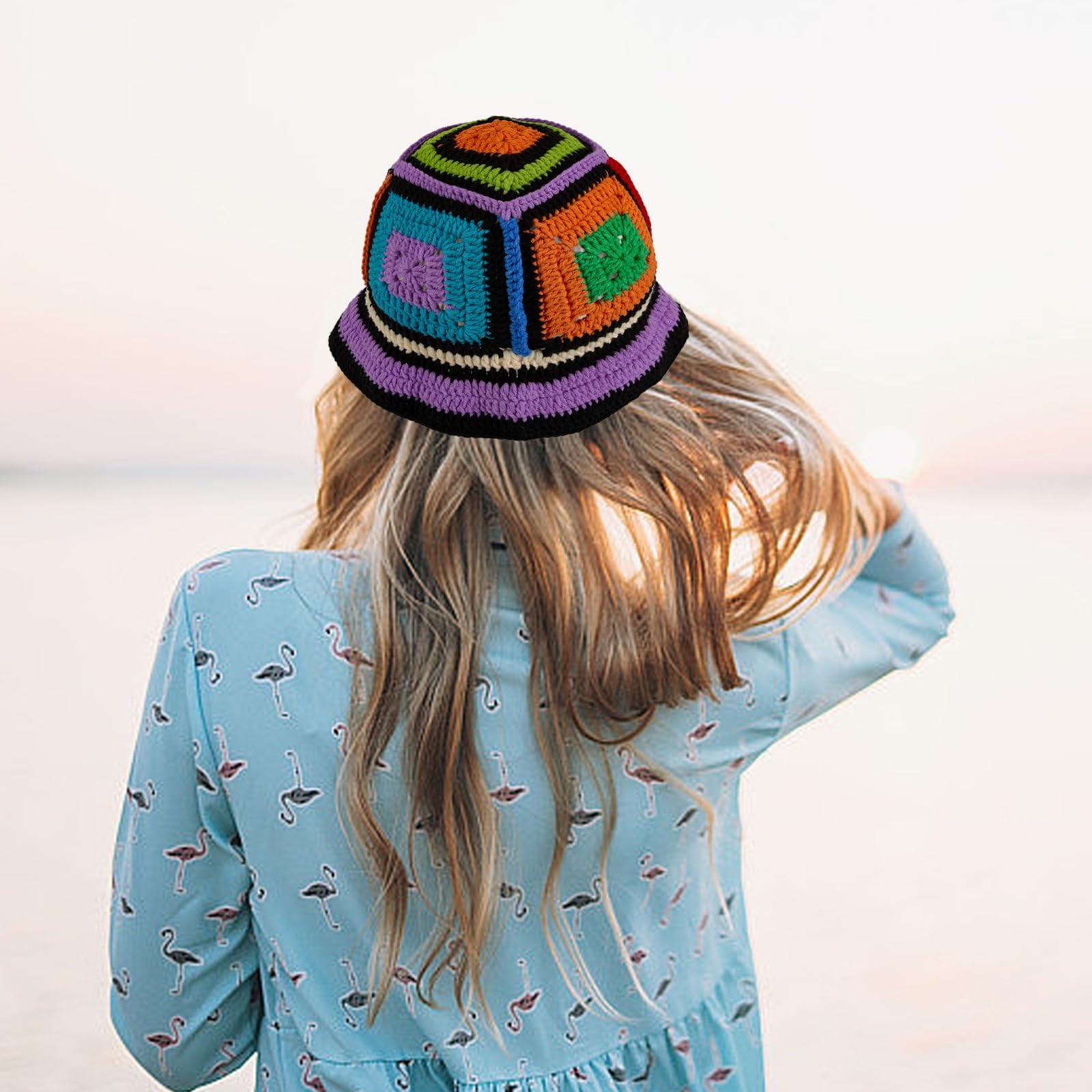 Women Knit Hat Crochet Bucket Hat Fish Hat Handmade Floppy Knitted Hats Floral Beanies Cap Beach Travel Outdoor (Colorful-Nation)