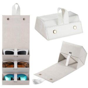 moko sunglasses organizer with 3 slots, foldable travel glasses storage case holder eyewear display box, white + beige