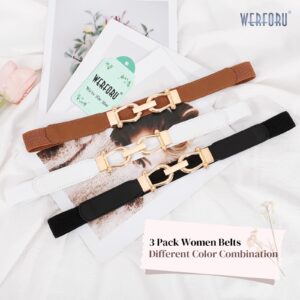 WERFORU 3 Pack Women Ladies Skinny Elastic Waist Belt Gold Buckle Stretchy Thin Belt for Dress Jeans,Black+Brown+White