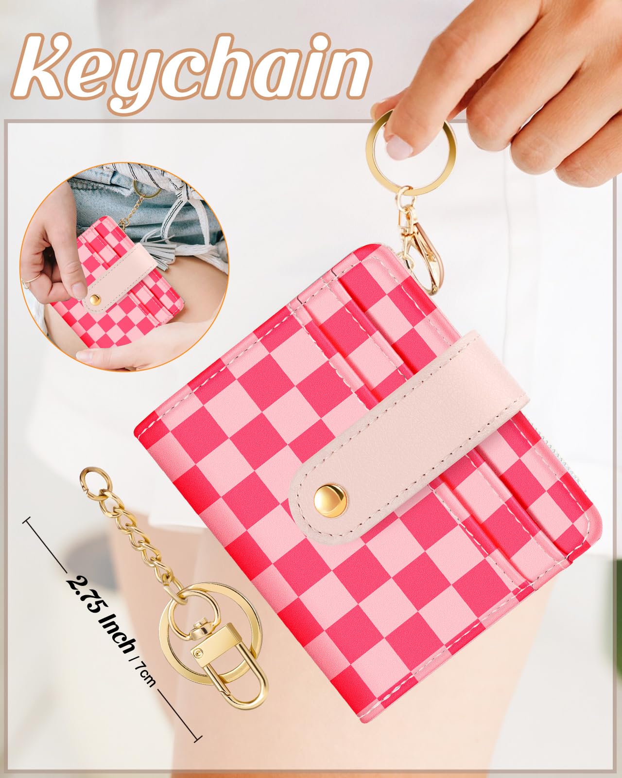 Bistup Wallet for Women Cute Bifold Small Card Wallet Rfid with Keychain for Ladies Teen Girls Female Medium Girly Aesthetic Thin Slim Checkered Plaid Unique Pretty Leather Credit Card Holder Purse