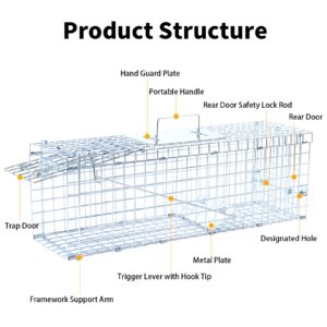 24" Live Animal Trap, Humane Animal Trap for Stray Cats up to 5.5 pounds, Raccoons, Squirrels, Skunks, Moles, Marmots, Armadillos, Rabbits, Steel Folding with Pedal Trigger