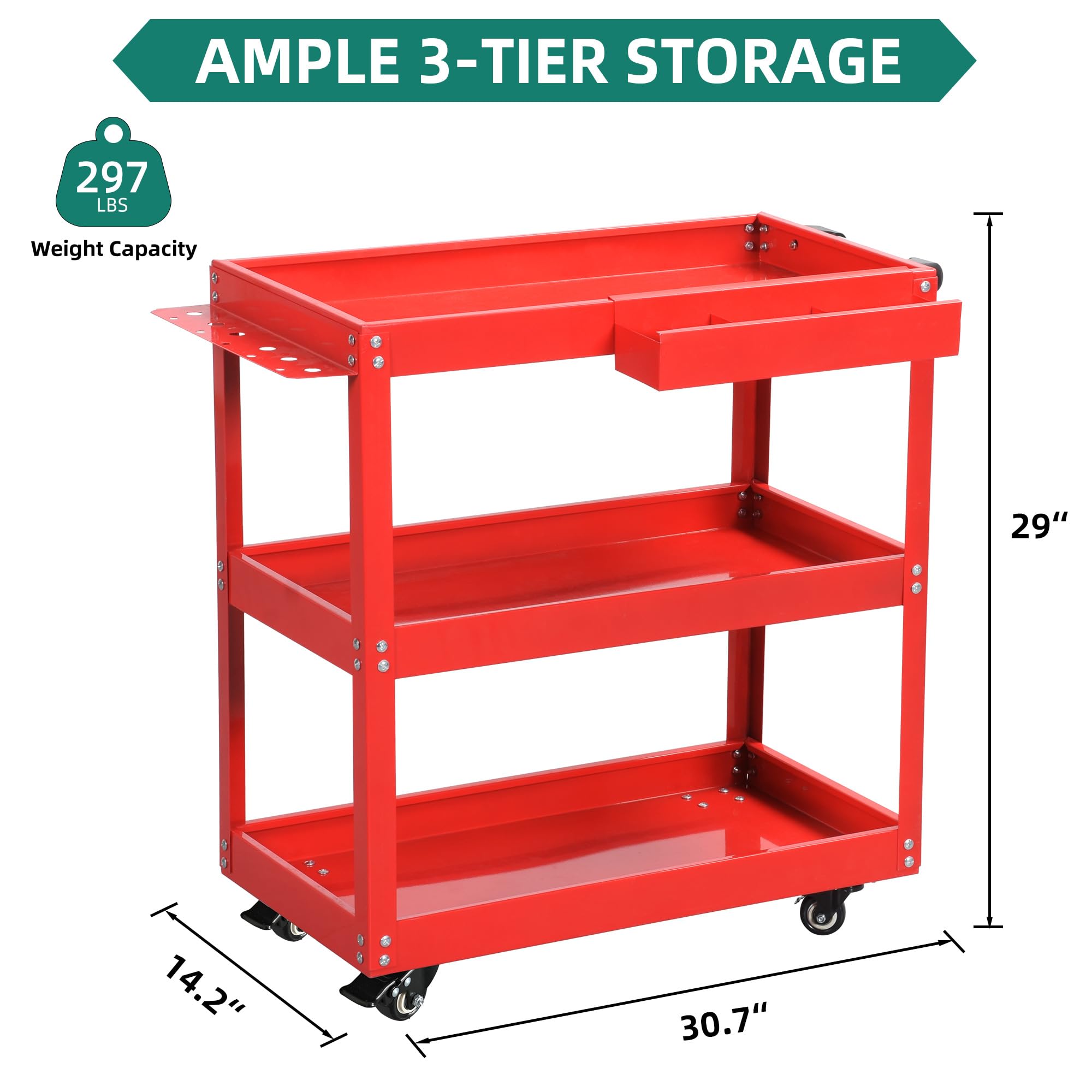 YITAHOME 3-Tier Tool Cart on Wheels, Rolling Metal Service Cart with Screwdriver Hanging Board & Storage Box, Heavy Duty Steel Utility Cart 400lbs Load Capacity for Mechanic Work Garage Warehouse Red