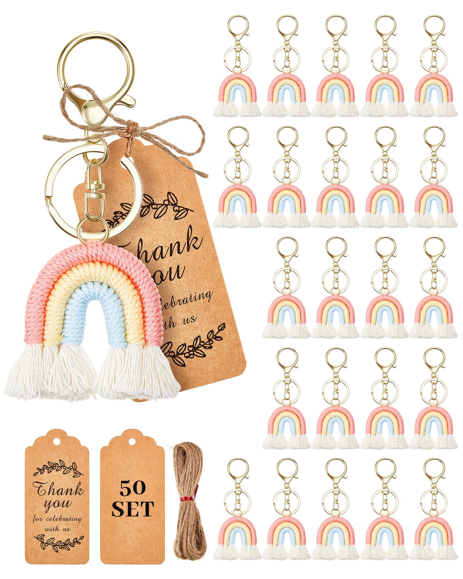 Huquary 72 Pcs Boho Keychain Set 36 Pcs Macrame Rainbow Keychains Weaving Rainbow Tassel Keychains 36 Thank You Tag for Birthday Wedding Party Favors Baby Bridal Shower Bohemian Party Supplies