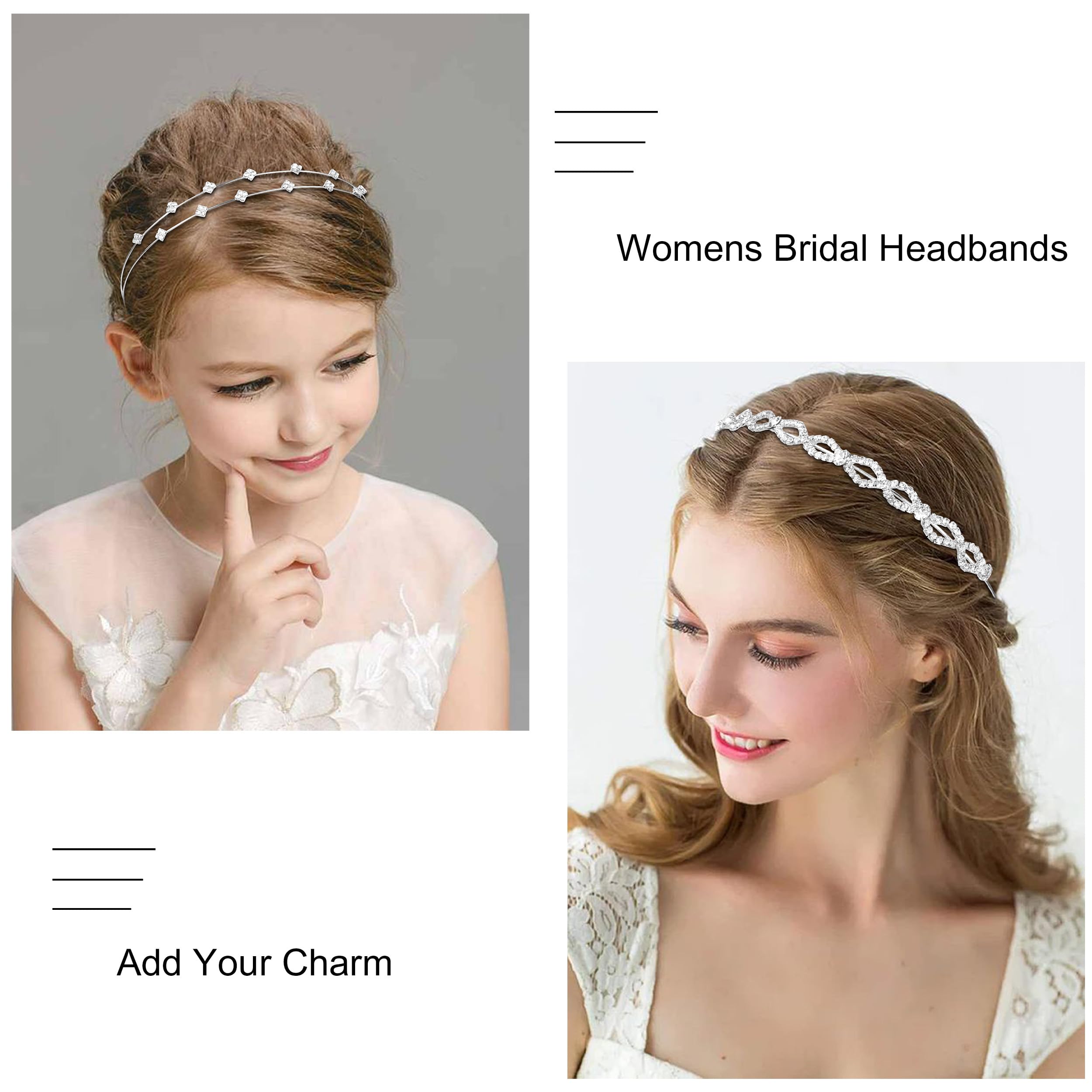 WOVOWOVO 4 Pcs Rhinestone Headbands for Women Silver Bridal Headband Crystal Flower Girl Headpiece Flower Leaf Tiara Crown Head Band Wedding Hair Accessories for Girls