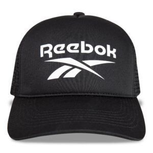 reebok trucker mesh-back cap with adjustable snapback for men and women (one size fits most), black