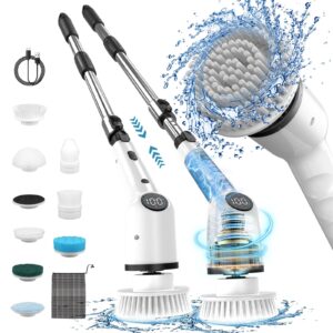 electric spin scrubber - imaxtop cordless cleaning brush with 8 replaceable heads, shower cleaner with long handle, bathroom, grout, tub, floor, kitchen cleaner