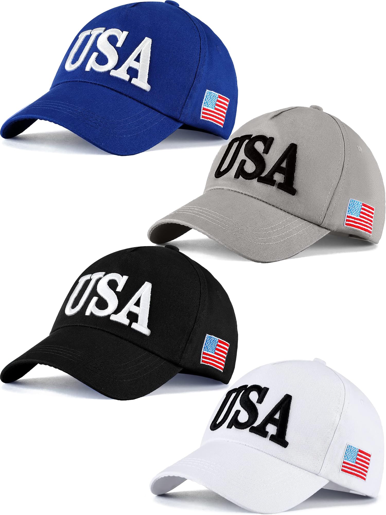 ROLVNHTV 4 Pieces USA Hats for Men American Flag Cap Adjustable Embroidered Patriotic Black Baseball Hat Trucker Hat for Men Women