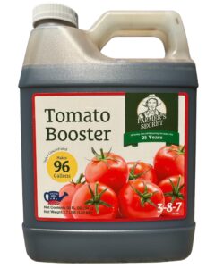 farmer's secret tomato booster fertilizer (32oz) - super concentrated - 3:8:7 ratio fortified with humic acid, iron and calcium - grow more tomatoes