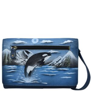 anna by anuschka hand painted women’s genuine leather organizer wallet on a string-leaping orca