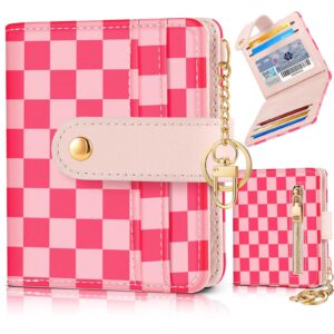 bistup wallet for women cute bifold small card wallet rfid with keychain for ladies teen girls female medium girly aesthetic thin slim checkered plaid unique pretty leather credit card holder purse