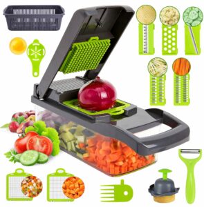 vegetable chopper | pro onion chopper, rkinc multifunctional 14 in 1 food chopper, kitchen vegetable slicer dicer cutter, peeler veggie chopper with 8 blades, carrot and garlic chopper with container