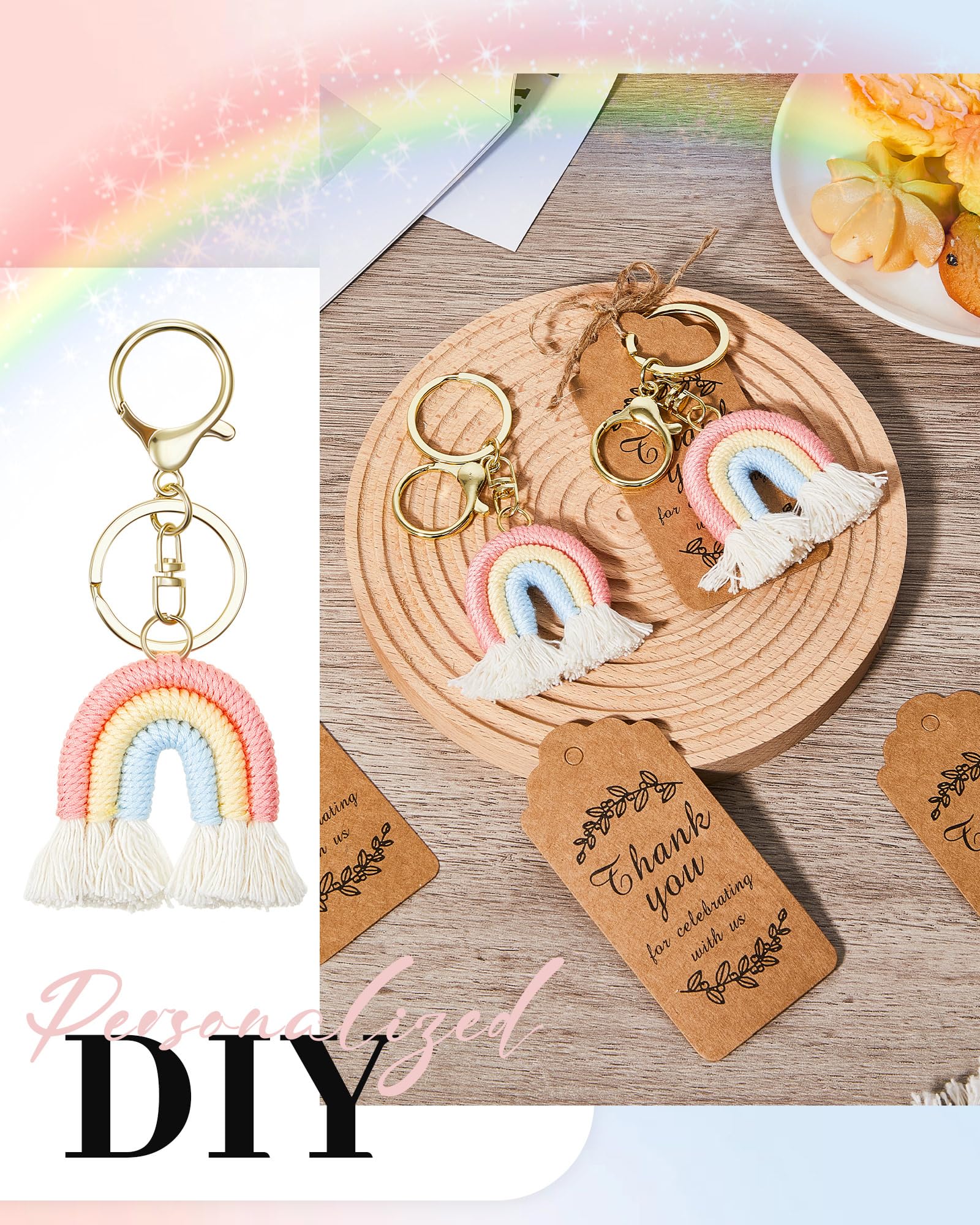 Huquary 72 Pcs Boho Keychain Set 36 Pcs Macrame Rainbow Keychains Weaving Rainbow Tassel Keychains 36 Thank You Tag for Birthday Wedding Party Favors Baby Bridal Shower Bohemian Party Supplies