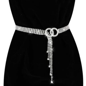 andibro rhinestone waist belt for women, crystal waist chain belt adjustable diamond o-ring waistband belt for jeans dresses