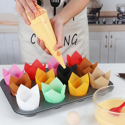 Caperci Standard Tulip Cupcake Liners for Baking 120 Counts - Greaseproof Muffin Baking Cups for Wedding Birthday Party Baby Shower Festivals Christmas (Natural/White/Brown)