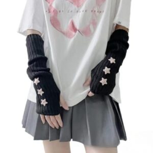 y2k women teens knitted arm warmers japanese harajuke cosplay lolita cute fingerless mittens thumb hole gloves (black)