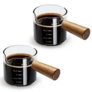 2 pack espresso cups with wood handle, double spout glass measuring cup with dual scale, espresso shot glass with v-shaped mouth, clear glass espresso accessories, milk frothing pitcher 3.52 oz