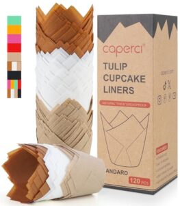 caperci standard tulip cupcake liners for baking 120 counts - greaseproof muffin baking cups for wedding birthday party baby shower festivals christmas (natural/white/brown)