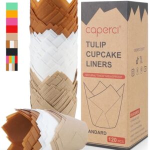 Caperci Standard Tulip Cupcake Liners for Baking 120 Counts - Greaseproof Muffin Baking Cups for Wedding Birthday Party Baby Shower Festivals Christmas (Natural/White/Brown)