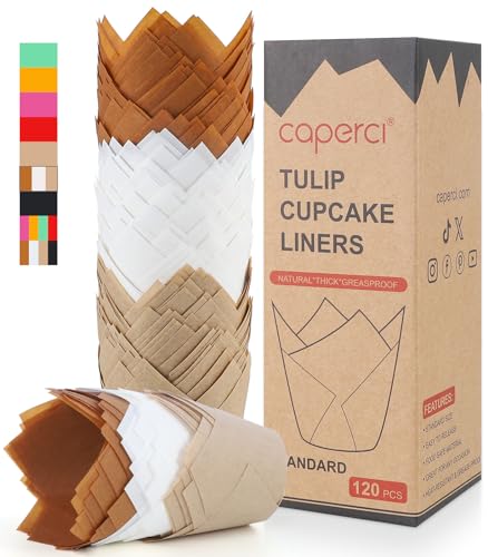 Caperci Standard Tulip Cupcake Liners for Baking 120 Counts - Greaseproof Muffin Baking Cups for Wedding Birthday Party Baby Shower Festivals Christmas (Natural/White/Brown)