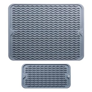 silicone dish drying mat - 2 packs of non-slip silicone mat easy clean drying mat large heat-resistant dish drainer mat for kitchen counter, sink, refrigerator or drawer liner(16"x12", 12''x 6'' grey)