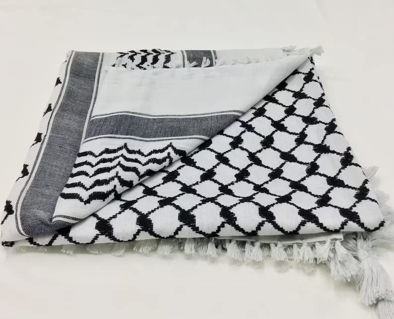 Shahadah Palestine scarf, Keffiyeh, Arafat Hatta, wide with tassels, Shemagh Keffiyeh Arab houndstooth100% Cotton Unisex Scarves (White black)