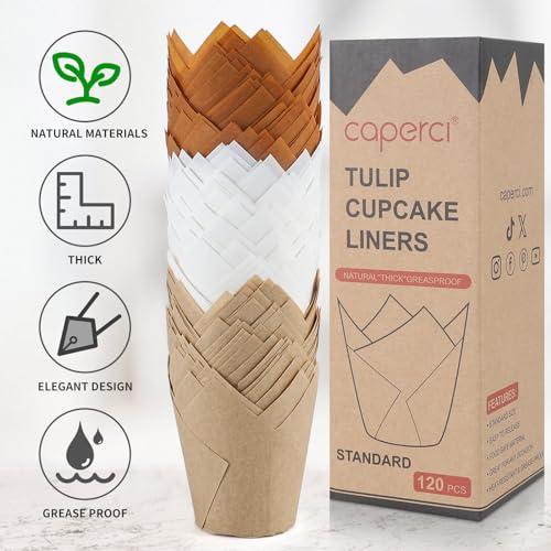 Caperci Standard Tulip Cupcake Liners for Baking 120 Counts - Greaseproof Muffin Baking Cups for Wedding Birthday Party Baby Shower Festivals Christmas (Natural/White/Brown)