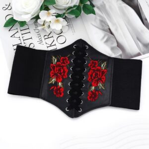 Urieo Elastic Rose Embroidered Lace-up Corset Belt Stretchy Tied Black Waspie Belts Wide Halloween Party Dress Cincher Waist Belt for Women