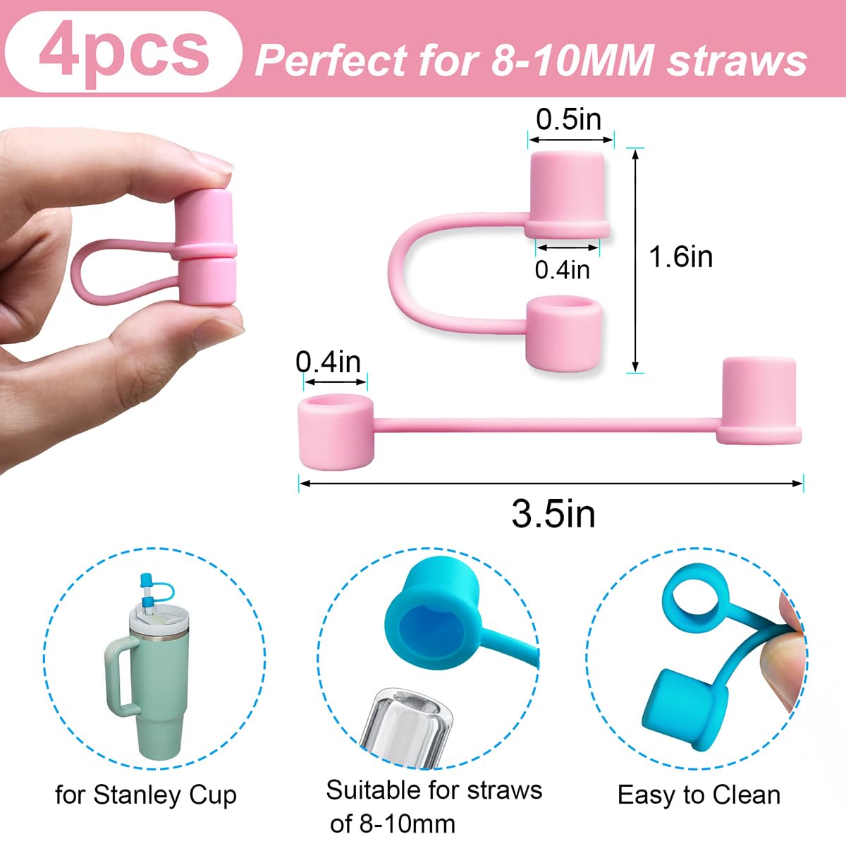 4Pcs 0.4in Straw Cover Cap for Stanley Cup Accessories, Silicone Straw Topper Compatible for Stanley 30&40 Oz Tumbler with Handle, Dust-Proof Drinking Straw Reusable Straw Tips Lids