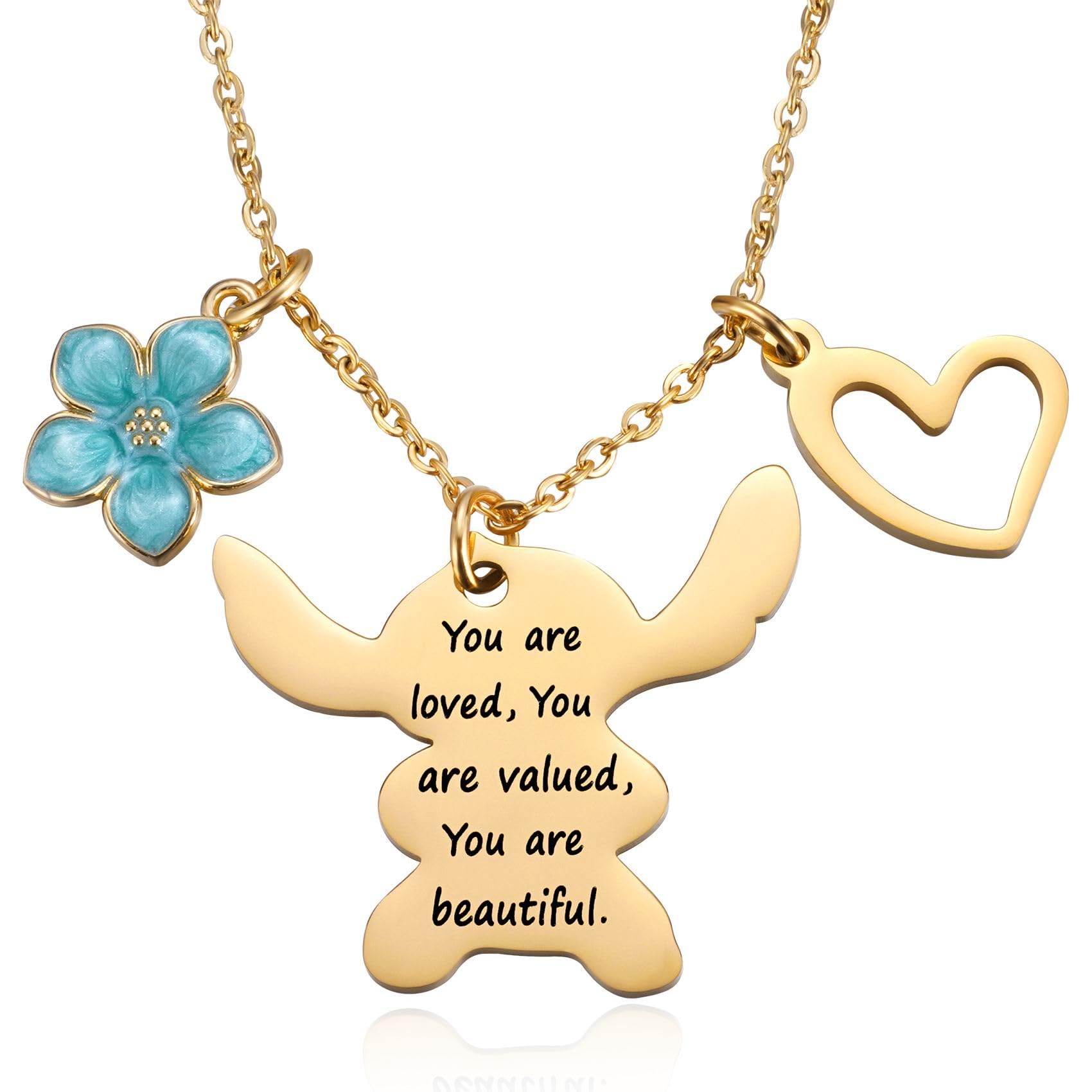 MIXJOY Inspirational Stitch Gifts You are Loved Valued Beautiful Stitch Necklace Gifts for Teen Granddaughter Daughter Niece, Stitch Lover Birthday Jewelry Gifts for Women, Gold