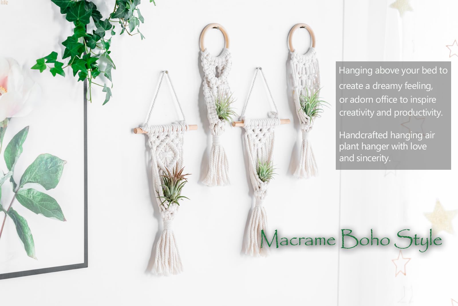 Melphoe 4 Pack Air Plants Holders Air Fern Macrame Plant Hanger Indoor Hanging Planter Basket for Tillandsias Display Air Plant Stand, Boho Home Decoration Gift Idea