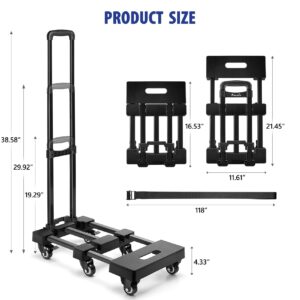 KEDSUM Upgraded Folding Hand Truck, 600lbs Heavy Duty Foldable Dolly Cart, Adjustable Handle Luggage Cart, Utility Cart with 6 Wheels & 2 Lashing Straps for Airport, Travel, Moving, Shopping, Office