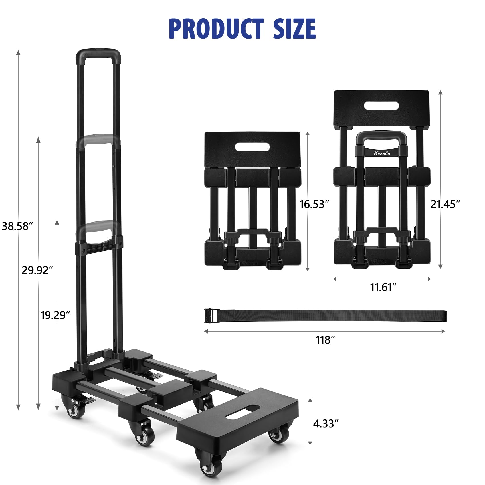 KEDSUM Upgraded Folding Hand Truck, 600lbs Heavy Duty Foldable Dolly Cart, Adjustable Handle Luggage Cart, Utility Cart with 6 Wheels & 2 Lashing Straps for Airport, Travel, Moving, Shopping, Office