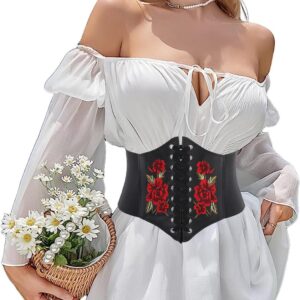 Urieo Elastic Rose Embroidered Lace-up Corset Belt Stretchy Tied Black Waspie Belts Wide Halloween Party Dress Cincher Waist Belt for Women