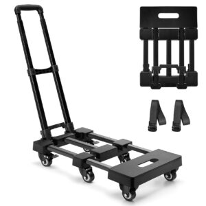 kedsum upgraded folding hand truck, 600lbs heavy duty foldable dolly cart, adjustable handle luggage cart, utility cart with 6 wheels & 2 lashing straps for airport, travel, moving, shopping, office