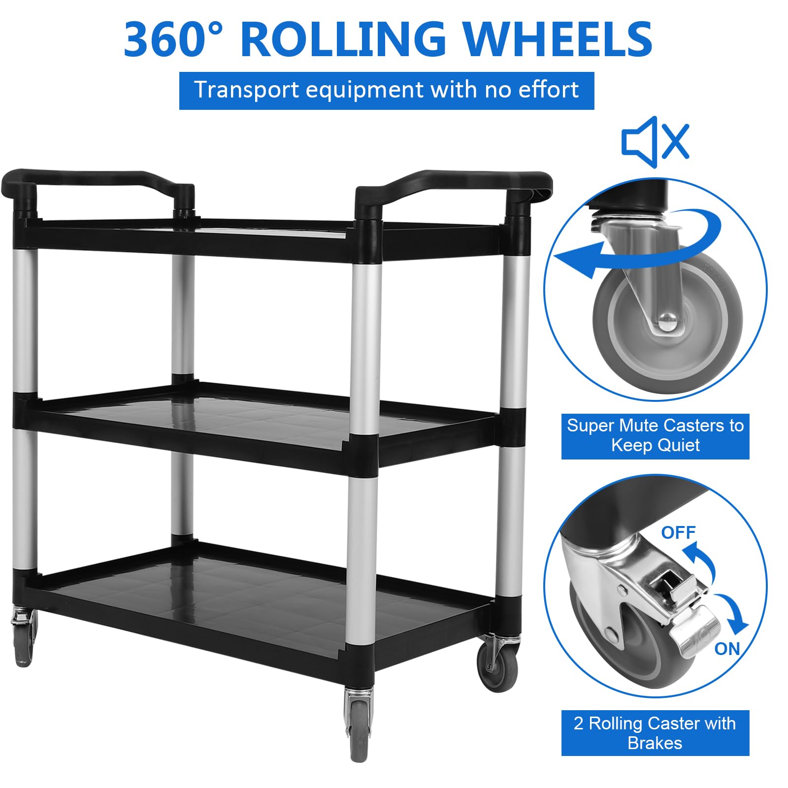 Utility Carts with Brake Wheel, Heavy Duty 360lbs Capacity Rolling Service Cart, 3-Tier Restaurant Food Cart with Hammer for Office, Warehouse, Garage